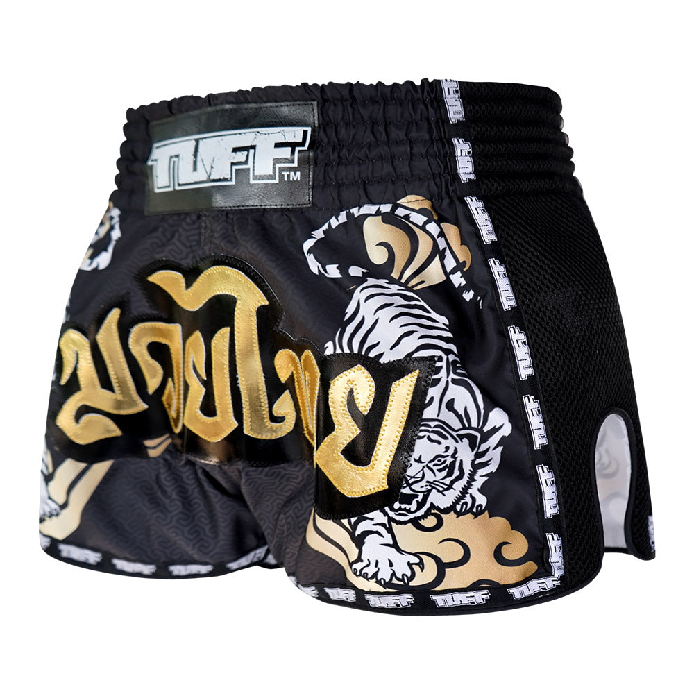 TUFF Kids Shorts Black Retro Style Double Tiger With Gold Text ...