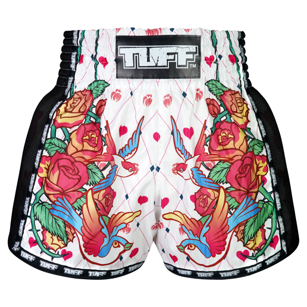 TUFF Muay Thai Boxing Shorts New Retro Style "White Rose With Birds ...